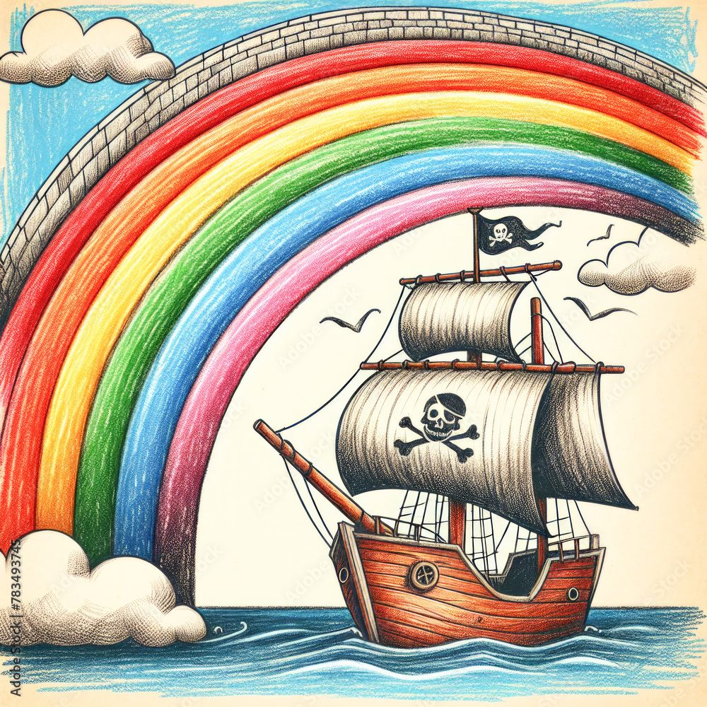 Pirate Ship Sailing Under a Colorful Rainbow with Crayon Drawing Stock ...