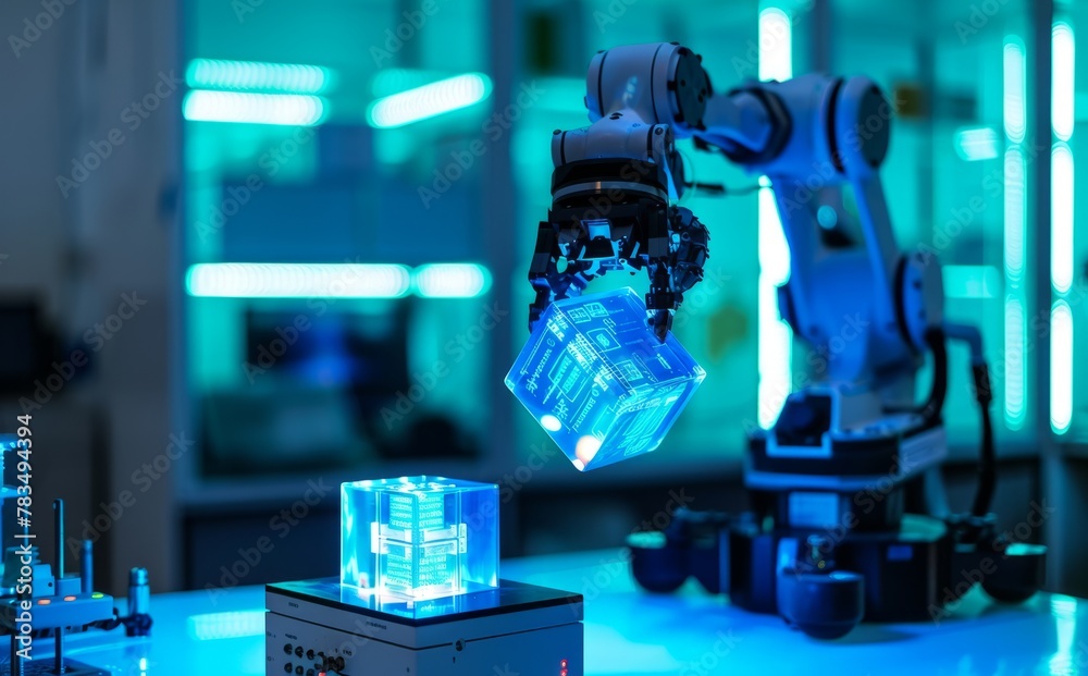 A close-up of an industrial robotic arm holding a cube glass box containing a microchip. A ...