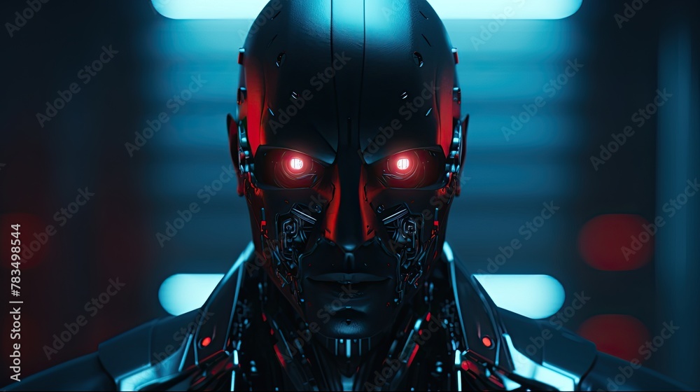 Combat robot in military metal armor. Futuristic cyborg security guard ...