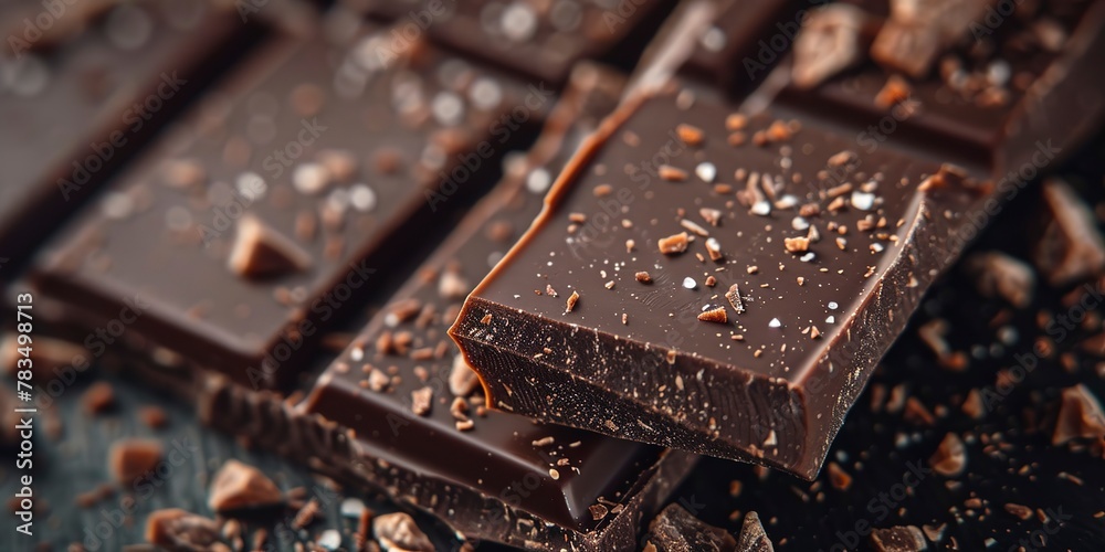 Dark chocolate bar, sea salt sprinkle, close view, dim mood light, rich ...