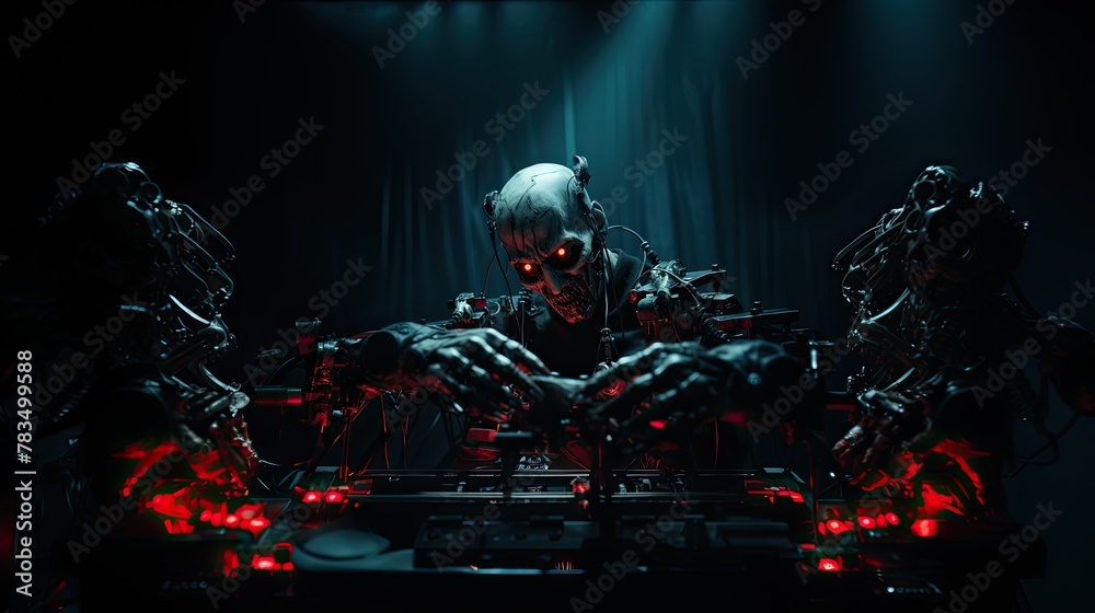 Evil android puppet portrait. Crazy villain with red eyes on a ...