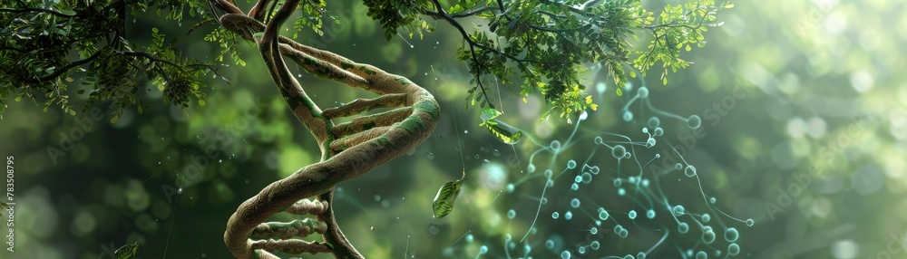 An artistic representation of a DNA helix transforming into a tree ...