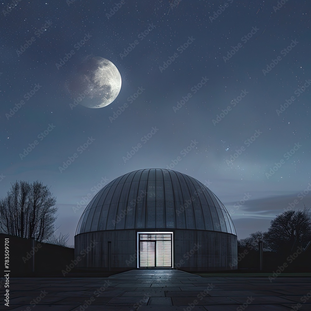 The night sky is clear and the stars are bright. A large, white moon ...