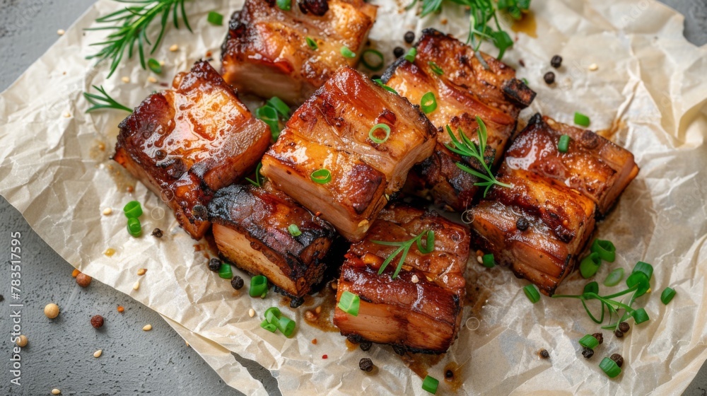 Top view of crispy pork belly or deep fried pork slice on white baking ...