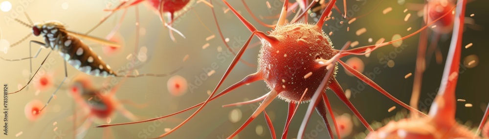 A detailed 3D scene depicting the lifecycle of a malaria parasite ...