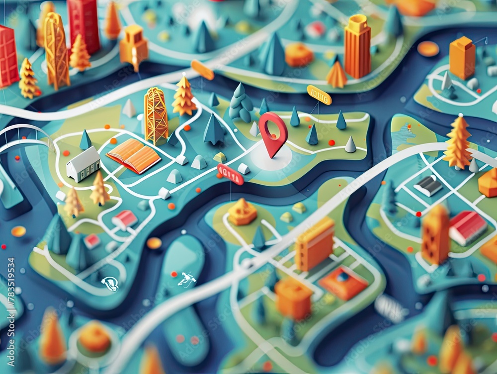 Stylized map design with custom icons and paths Stock Illustration ...