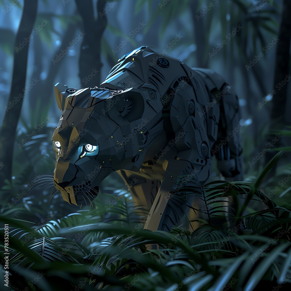 Craft a digital image of a robotic lioness prowling through a ...