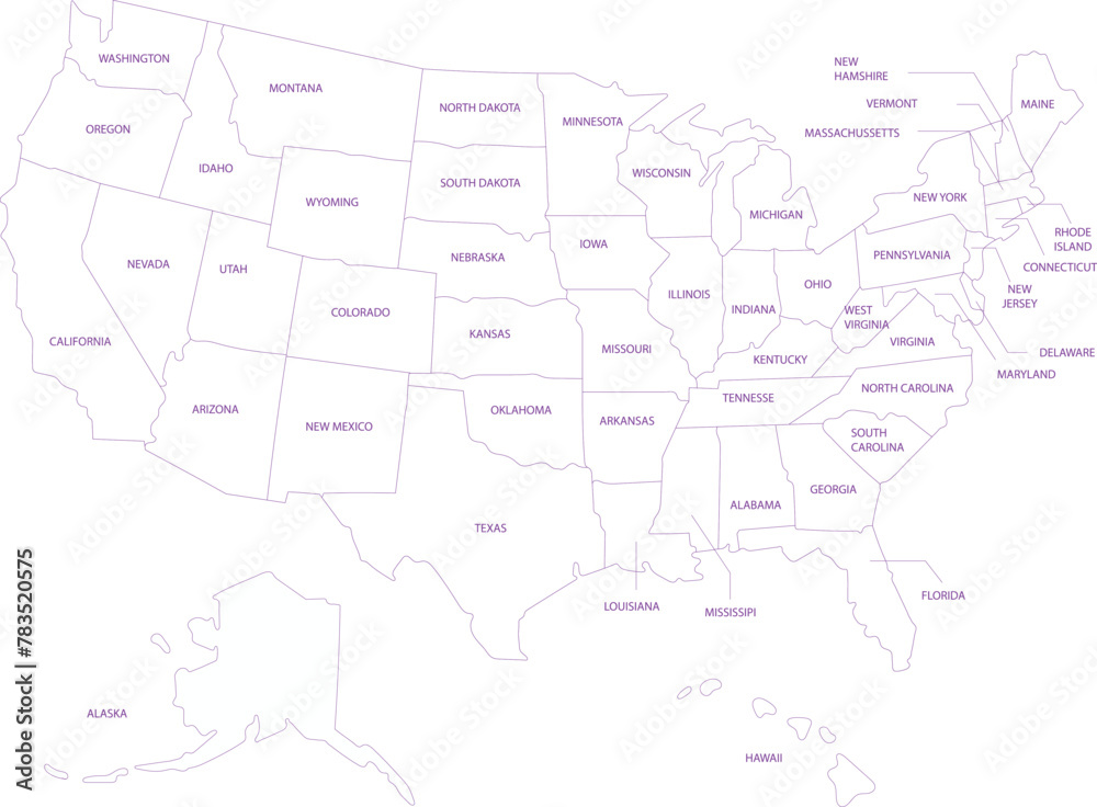 vector map of United States of America with full names of states. USA ...