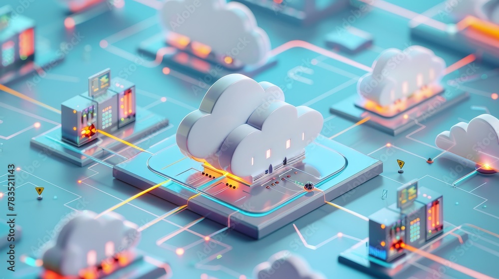 Cloud Networking: A 3D vector illustration of data centers connected in ...