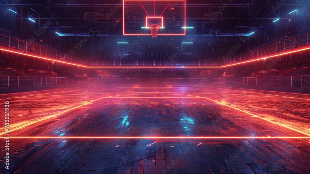 Glowing Neon Basketball: A 3D vector illustration of a basketball court ...