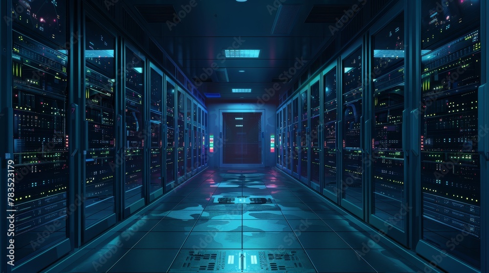 Telecommunications: A 3D vector illustration of a data center with rows ...