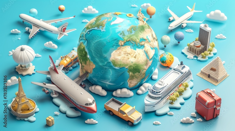Travel and Tourism: A 3D vector illustration of a globe surrounded by ...