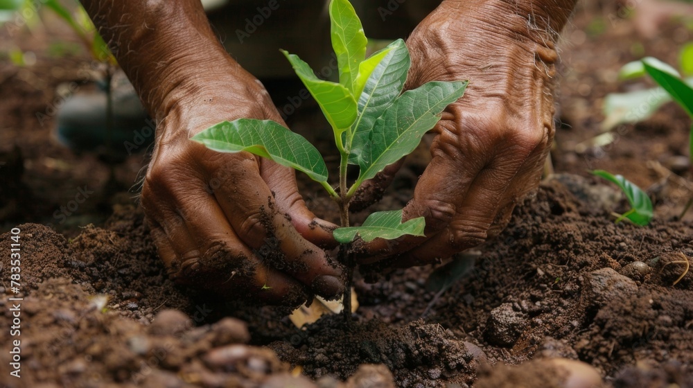 Two hands cradle a tender sapling carefully transplanting it into the ...
