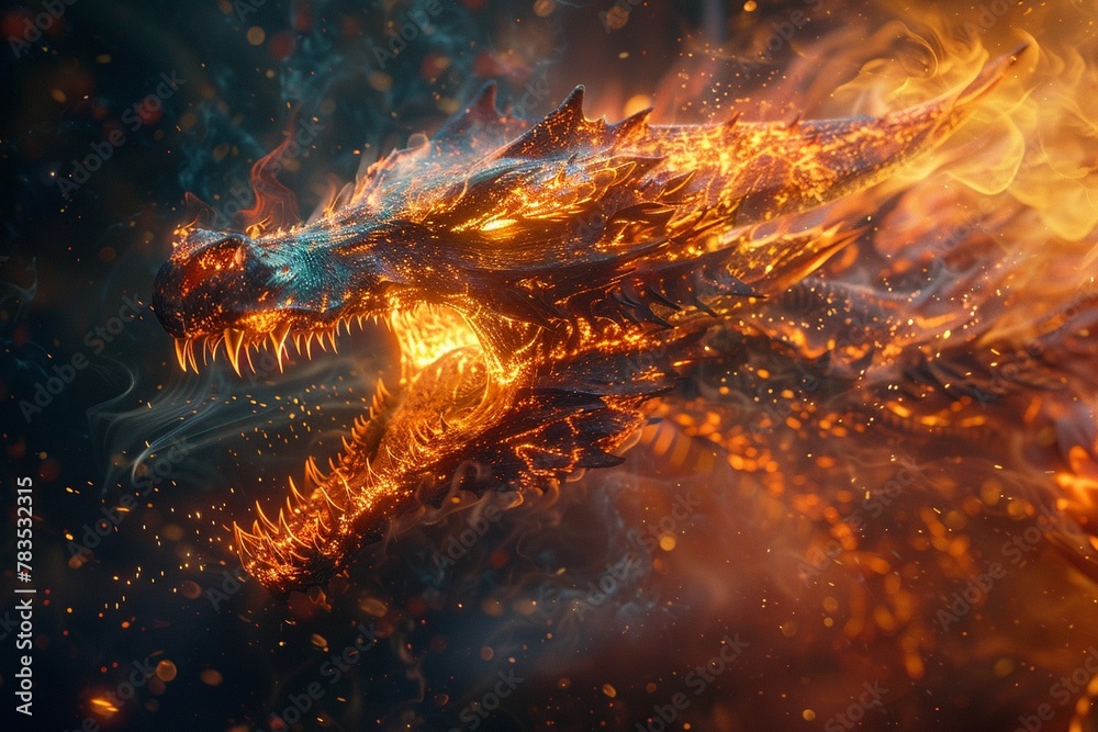 A mythical creature with flames erupting from its mouth ,close-up,ultra ...