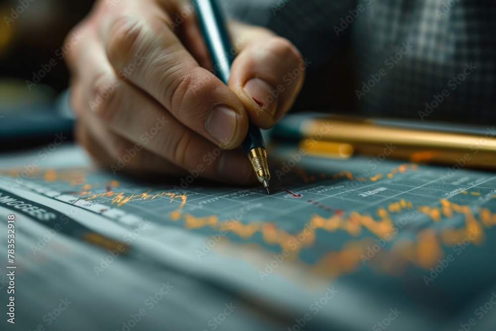 Hand tracing the outline of a recession graph, Close-up view of a hand ...