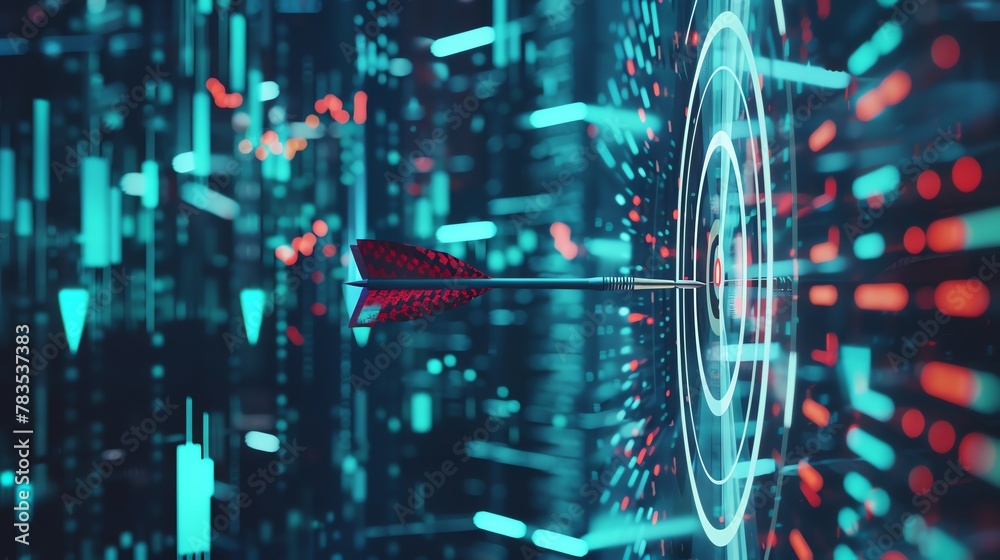 Virtual arrows hitting financial targets on a digital dartboard ...