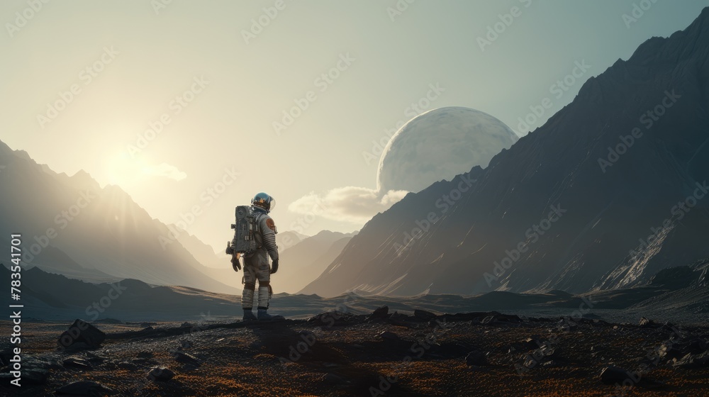 Astronaut exploring an exoplanet. Sci-fi colonist in spacesuit walks on ...