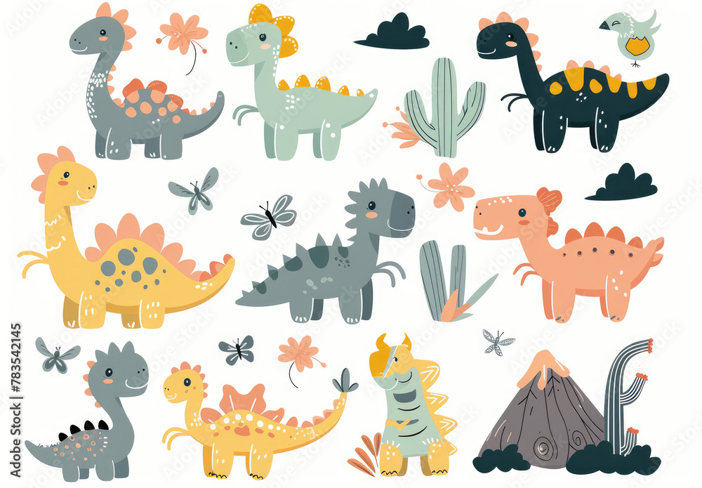 A vector clipart of cute cartoon dinosaurs in various poses, pastel ...