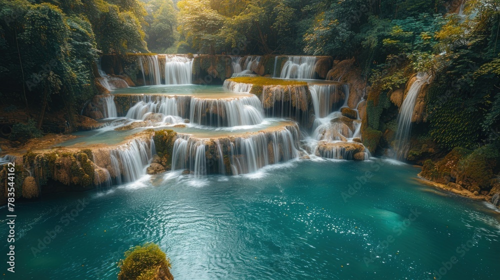 An aerial view of the stunning Kuang Si Falls, showcasing the turquoise ...