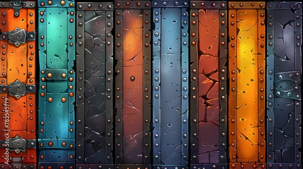 An industrial wall surface with metal panels and grates with riveted ...