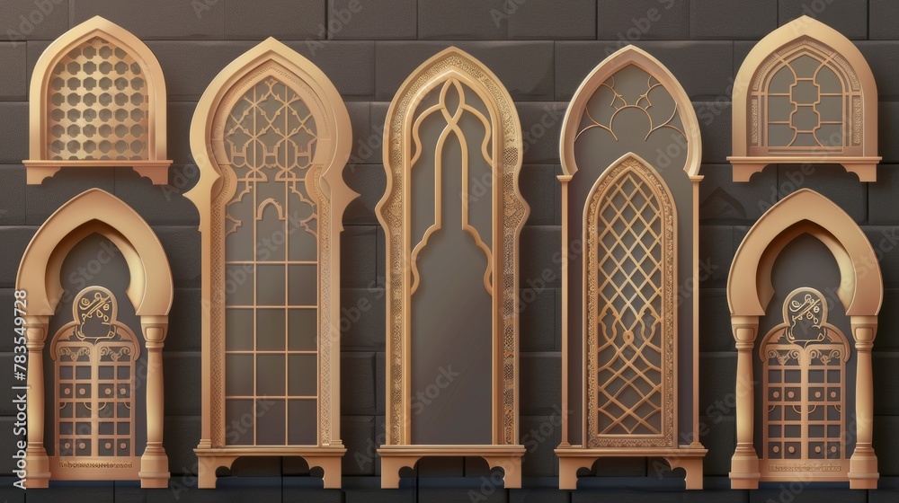 The Arabic window frames are isolated on white background. This modern ...