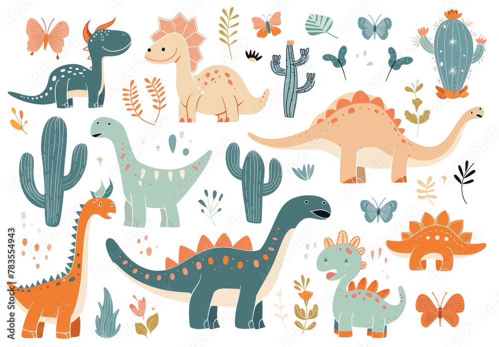 A vector clipart of cute cartoon dinosaurs in various poses, pastel ...