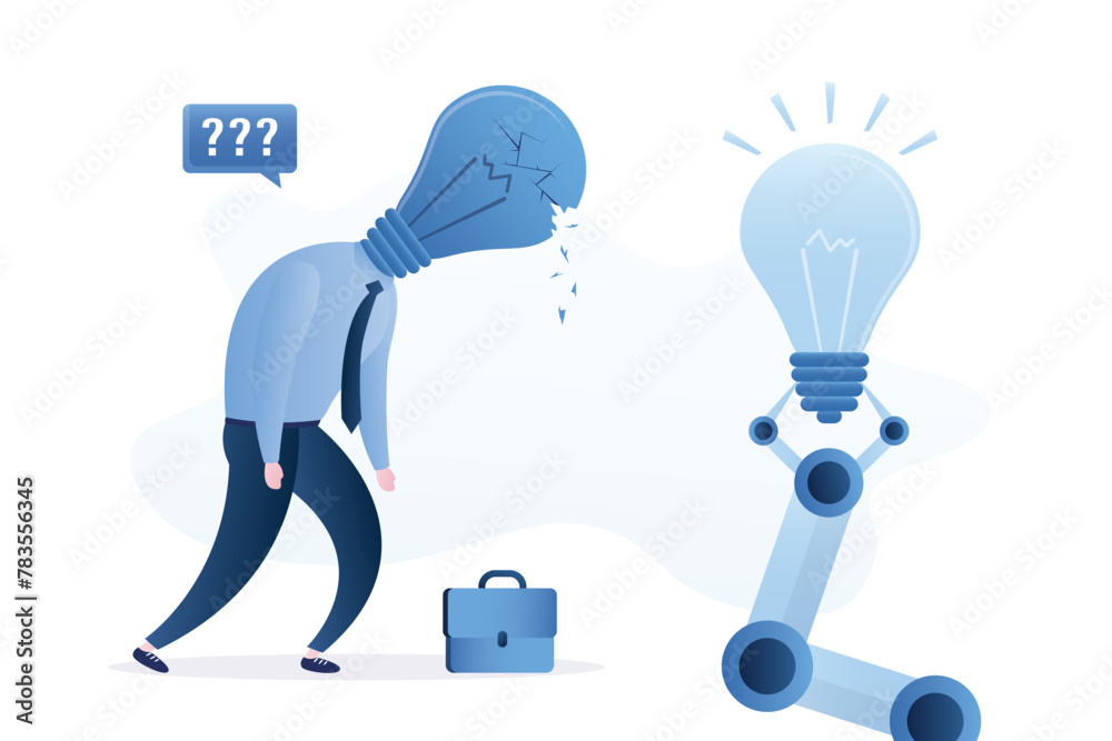 Burnout at work. Unhappy businessman with broken light bulb instead of ...