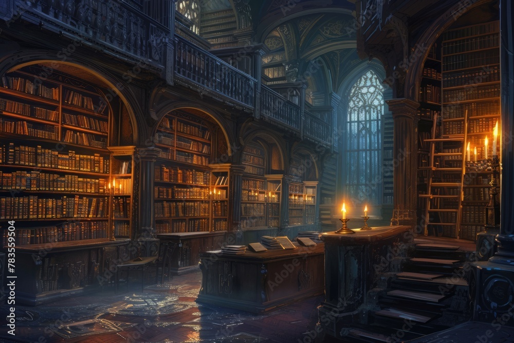 An ancient library with towering bookshelves, hidden alcoves, and ...