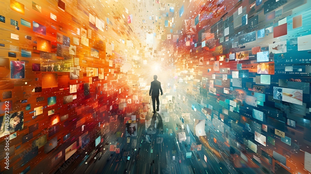 Silhouetted Figure Walking Through A Dynamic Data Stream Surrounded By A Mosaic Of Diverse