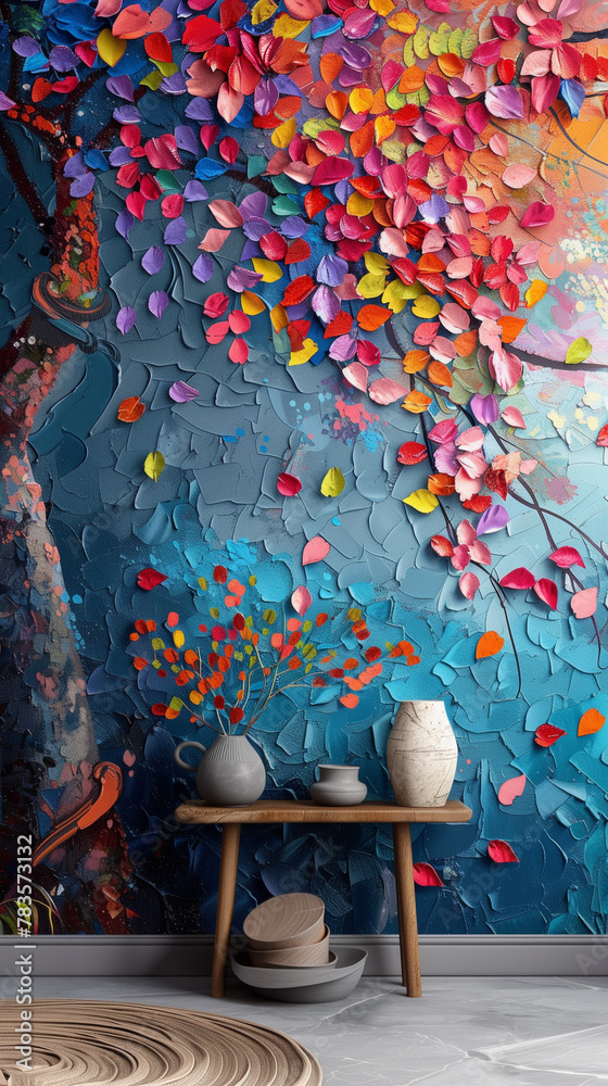 Abstract spring cherry blossom. 3D pointillism art for joyful walls ...