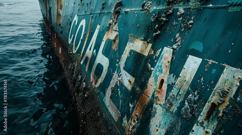 A closeup of a ships hull reveals a clean and wellmaintained surface ...