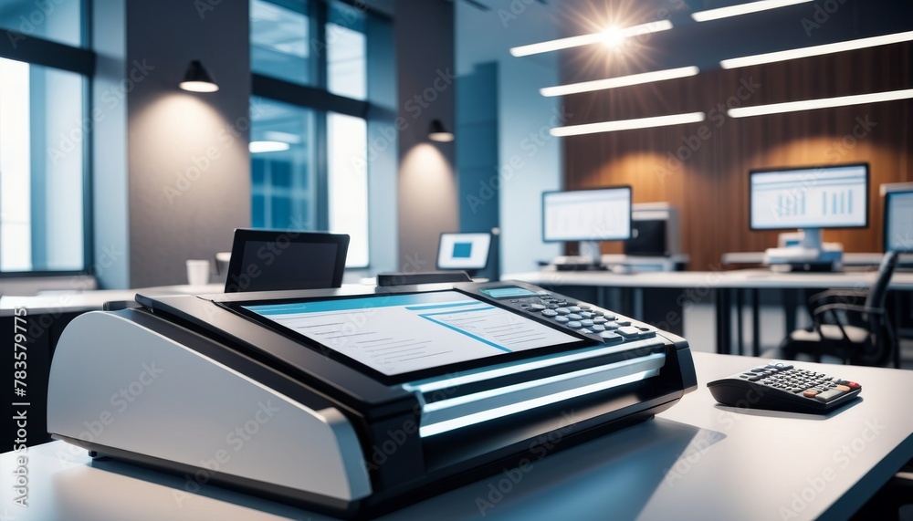 An office setting with a large, professional printer on a desk ...