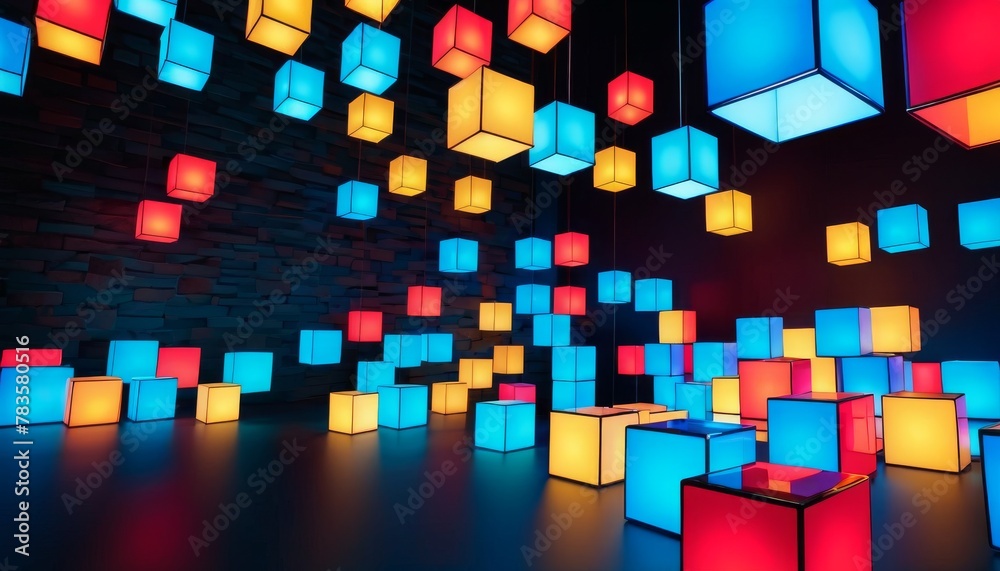 An art installation of suspended and floor-positioned cubes glowing in ...