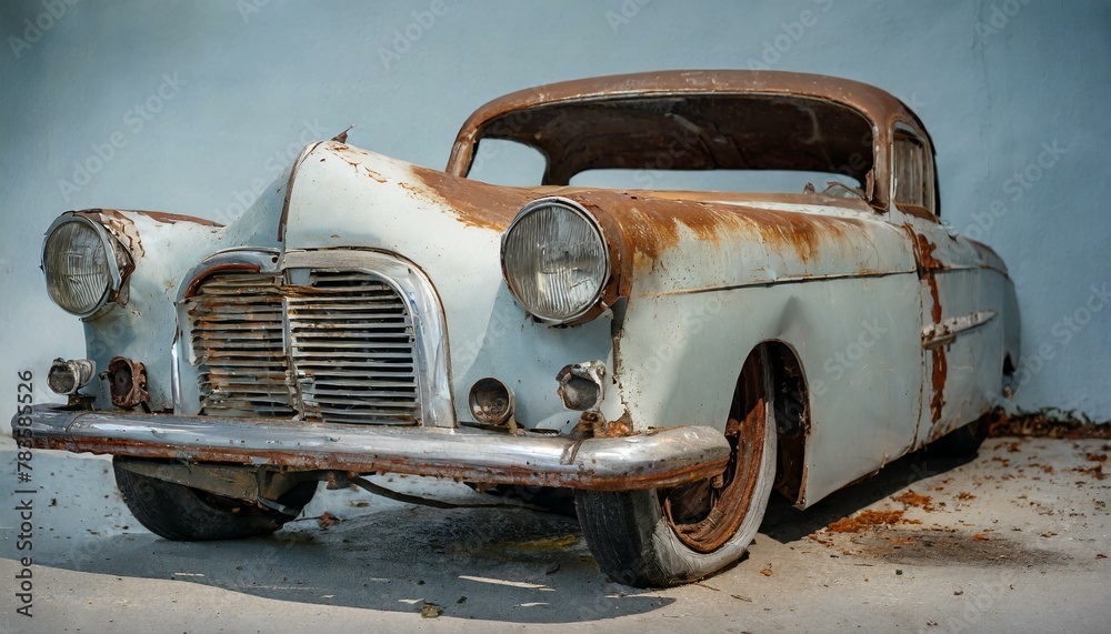 old classic wreck of a retro vintage car, showcasing its rusty, ruined ...