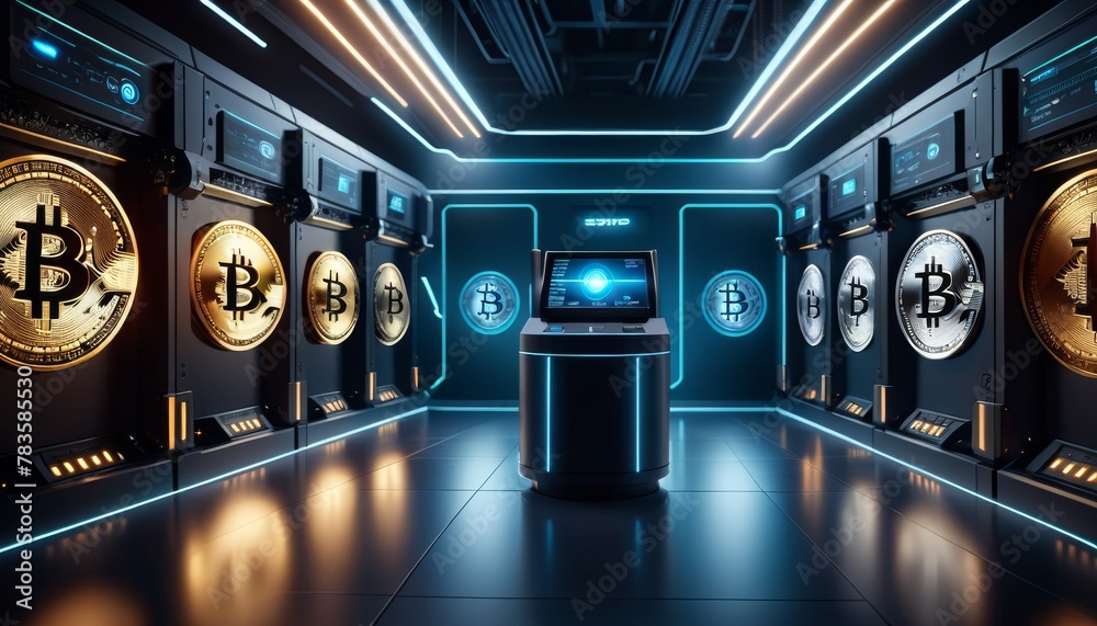 A cryptocurrency mining data center with Bitcoin logos, illustrating ...