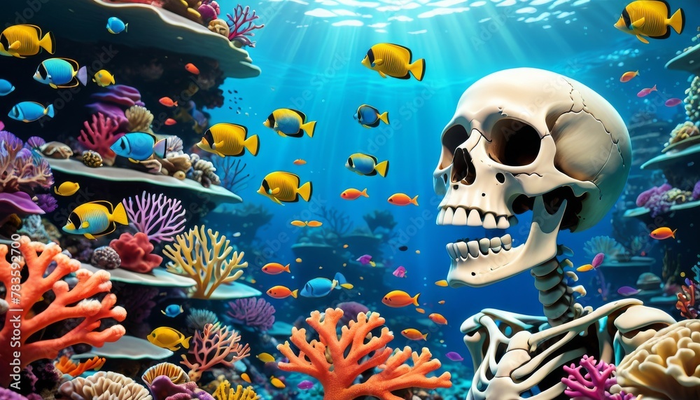 An intriguing image of a skeleton among colorful reef fish in an ...