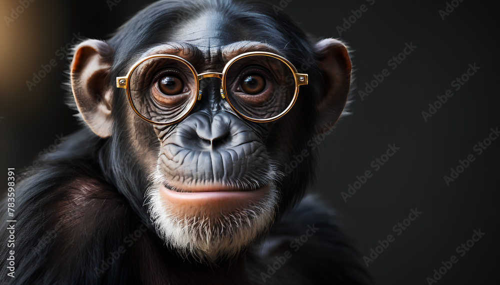 A playful depiction of a monkey wearing glasses, shown with thick ...