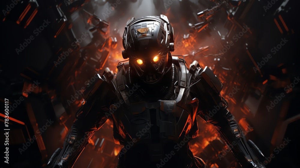 Craft a suspenseful image of a hi-tech robotic suit exploring a haunted ...