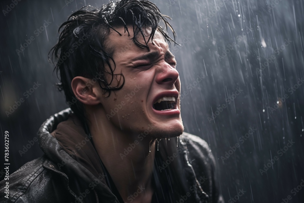 a poignant, hyper-realistic portrait of a young man in tears in rain ...