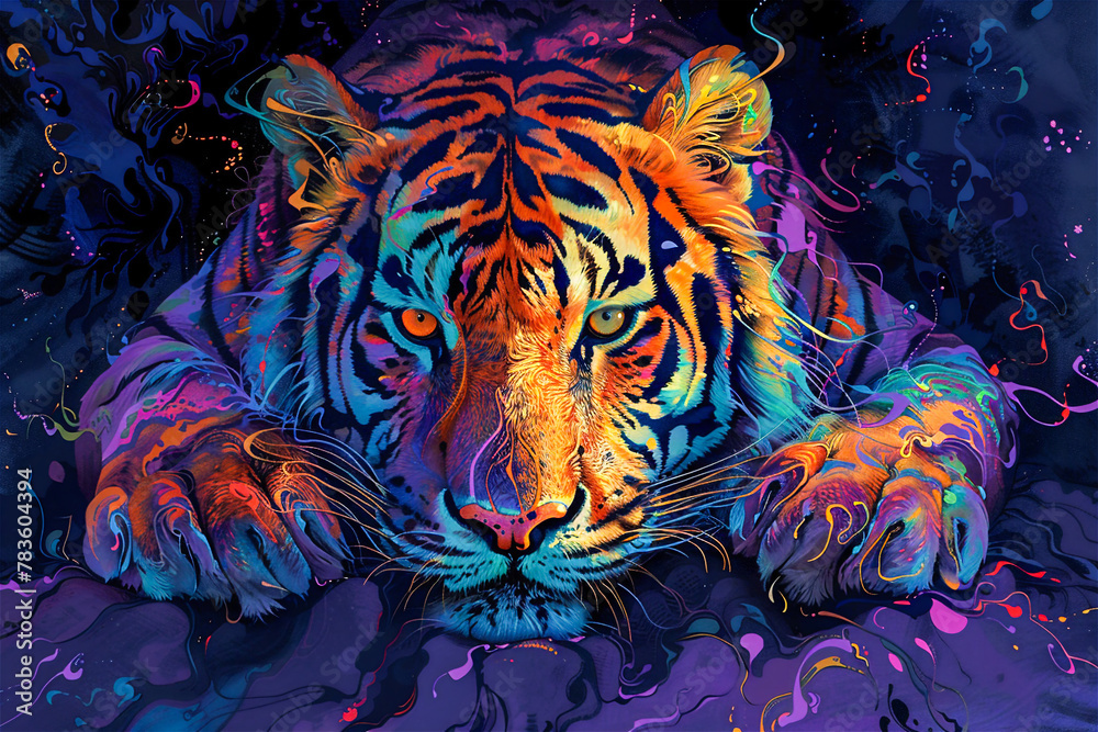 Prismatic Tiger Art Style. Generated Image. A digital rendering of a tiger in the wild with the ...
