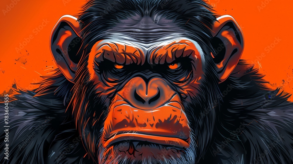 An angry chimp in the style of digital painting, vibrant orange and ...