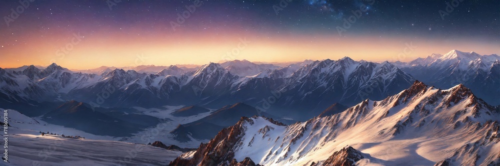 sunrise over the mountains, mountain peaks reaching into the sky, stars ...