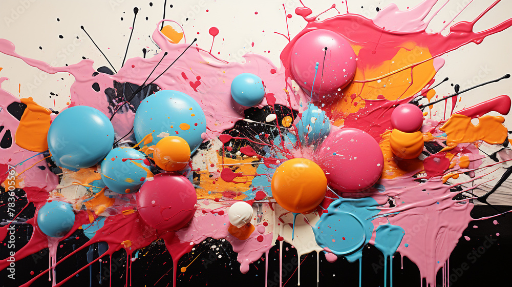 An abstract collage of spray paint splotches, stripes and designs. The ...