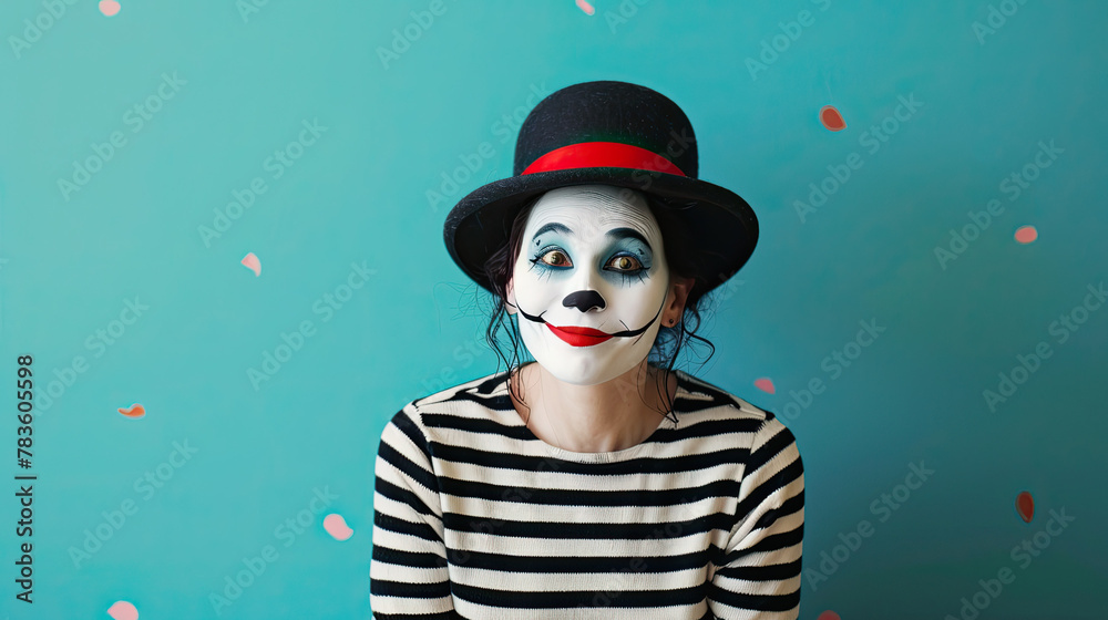 Portrait of traped female mime artist , on pastel blue background Stock ...