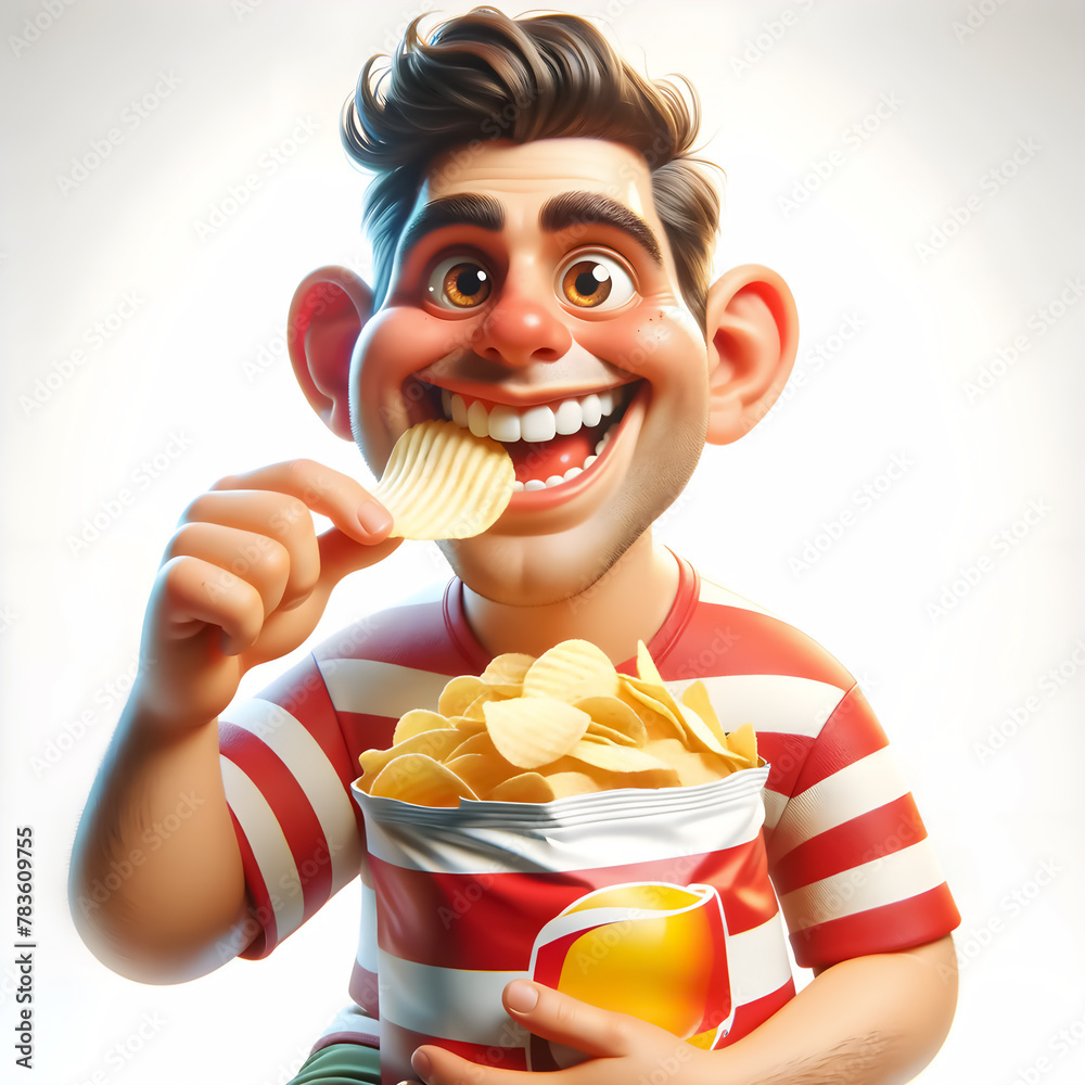 Playful Potato Chip Eater: Whimsical 3D Caricature, Whimsical Potato ...
