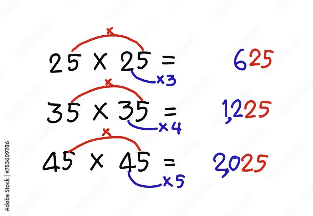Hand written to show trick of multiplying calculations of numbers. Illustration for education ...