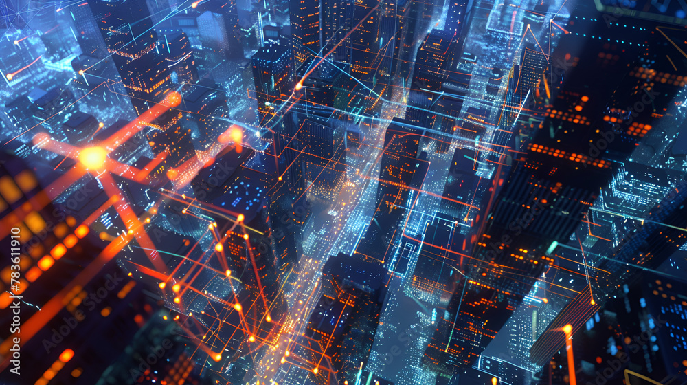 3D rendering of abstract digital city with wireframe buildings and ...