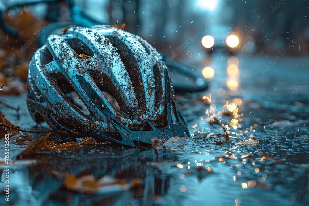 This detailed image showcases a wet cycling helmet abandoned on a rain ...
