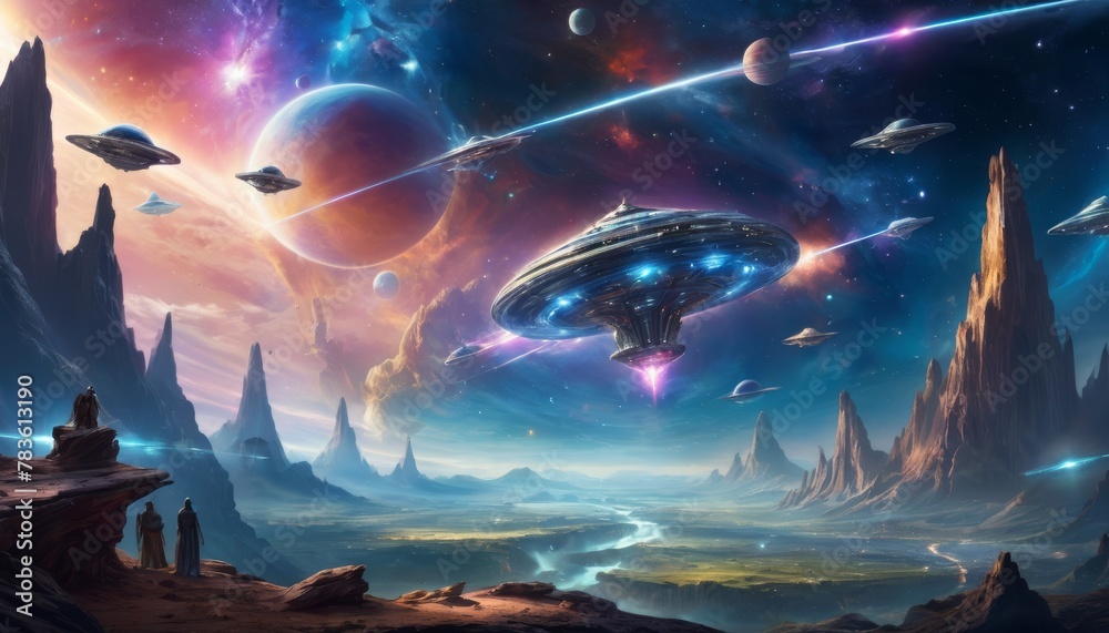 A breathtaking sci-fi scene with a UFO hovering above an alien ...