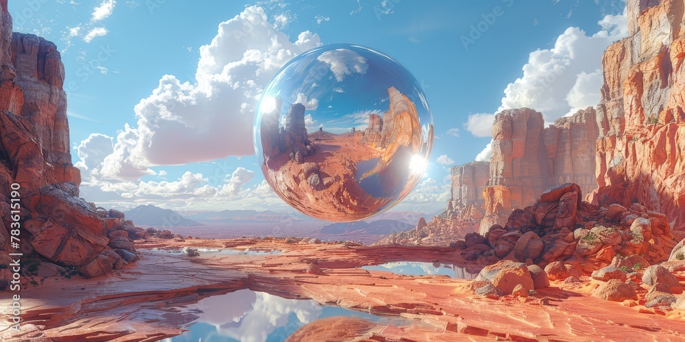 Futuristic chrome sphere levitating above ancient stone ruins in a ...